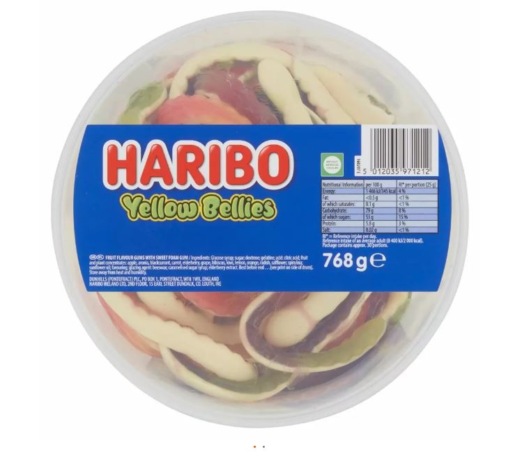 Haribo Yellow Bellies - Tub 768g – The Candy Kid - Retro Sweet Hampers Haribo Yellow Bellies - Tub 768g – The Candy Kid - Retro Sweet Hampers